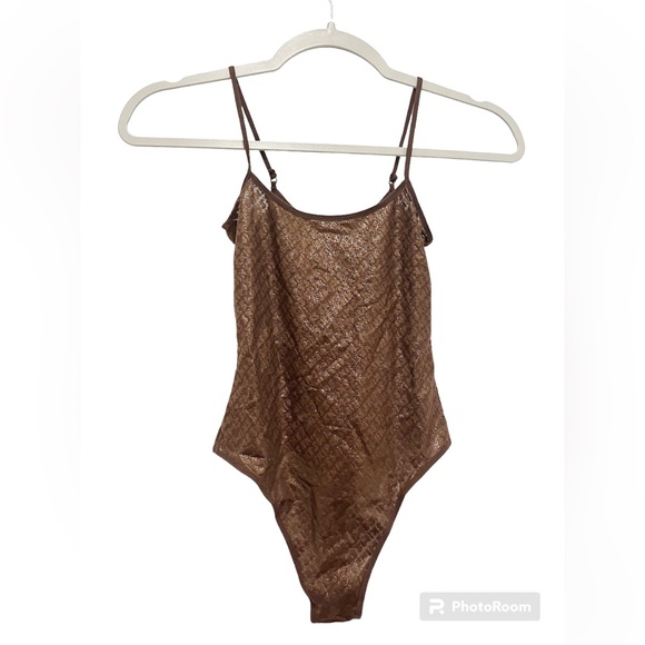 SKIMS | Tops | Skims Sheer Shimmer Logo Bodysuit In Coffee | Poshmark
